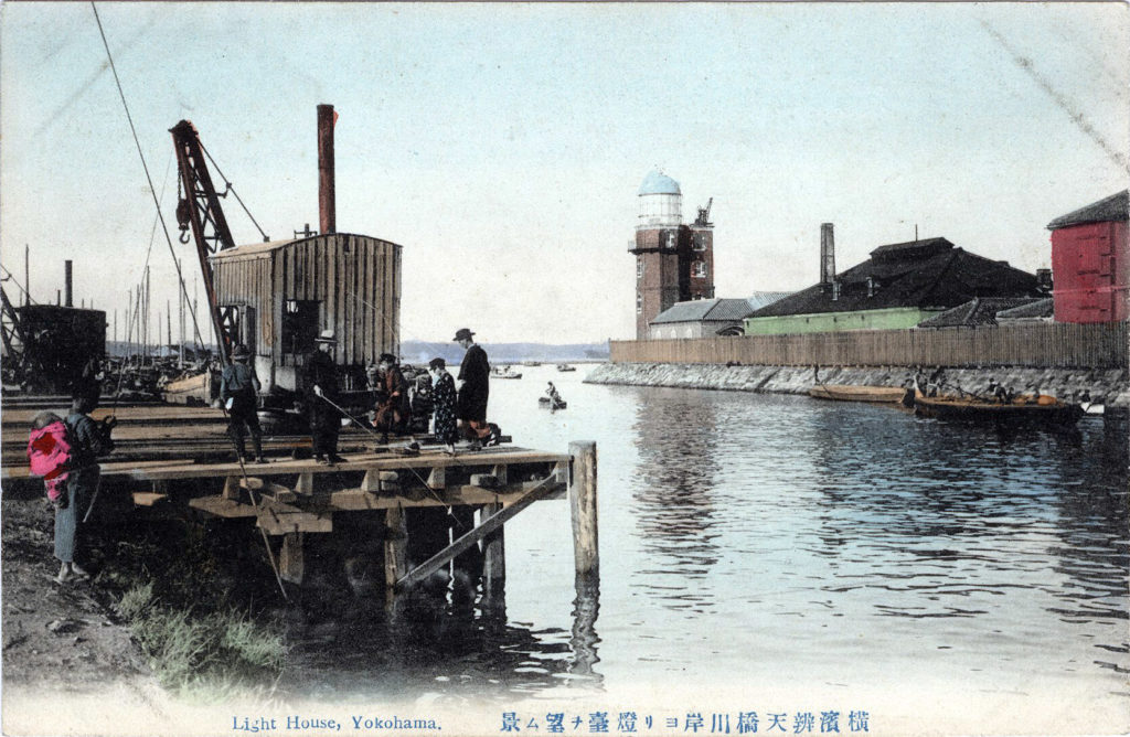 “A View of a Lighthouse from the Bentenbashi Riverbank”, Yokohama, c ...
